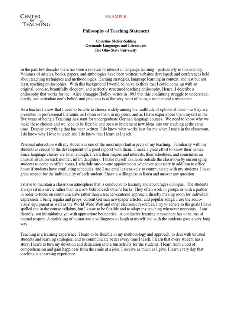Philosophy of Teaching Statement Ed PDF | PDF | Classroom | Teachers