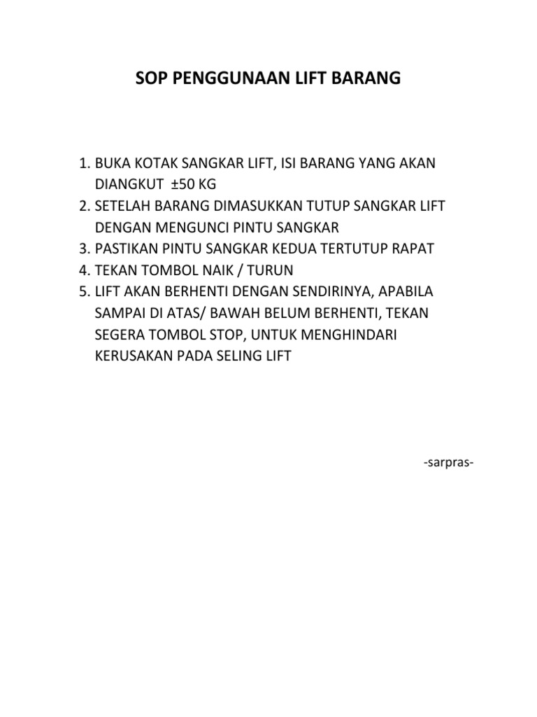 Sop Penggunaan Lift Barang | PDF