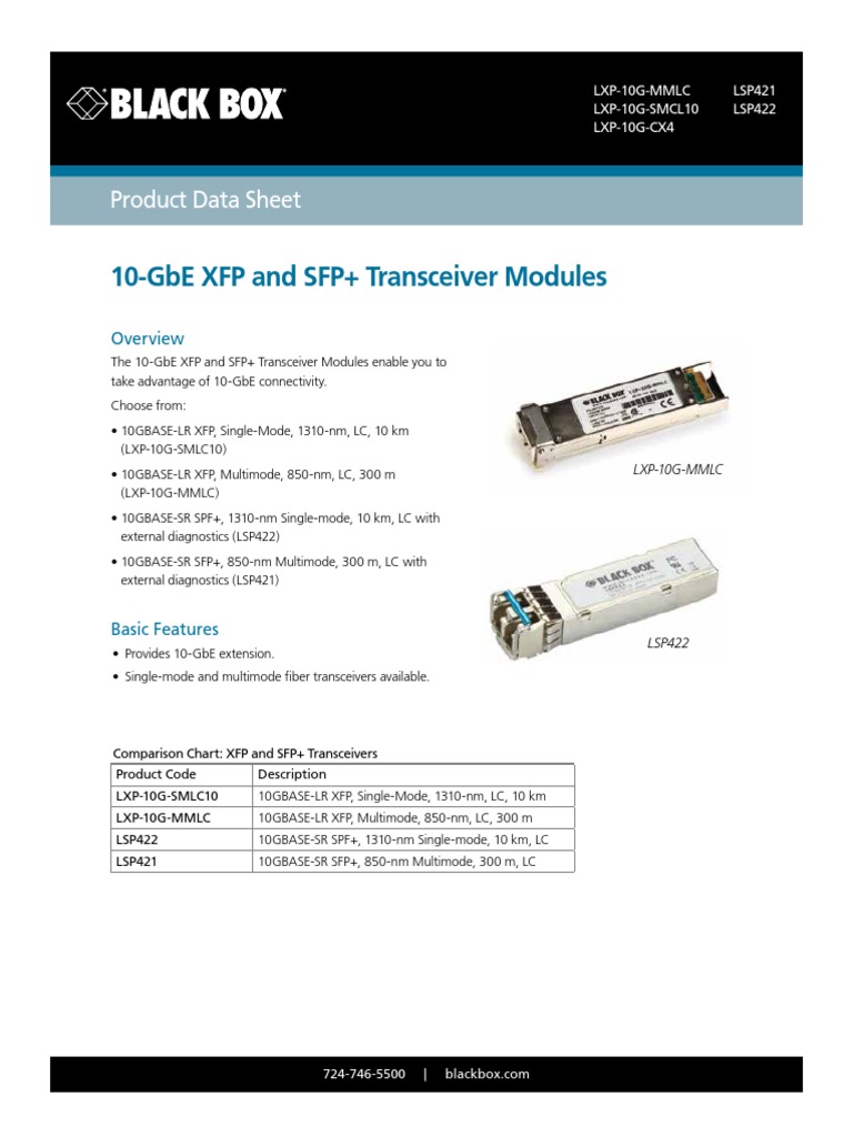 Black Box: 10-Gbe XFP and SFP+ Transceiver Modules | PDF | Optical Fiber | Telecommunications ...