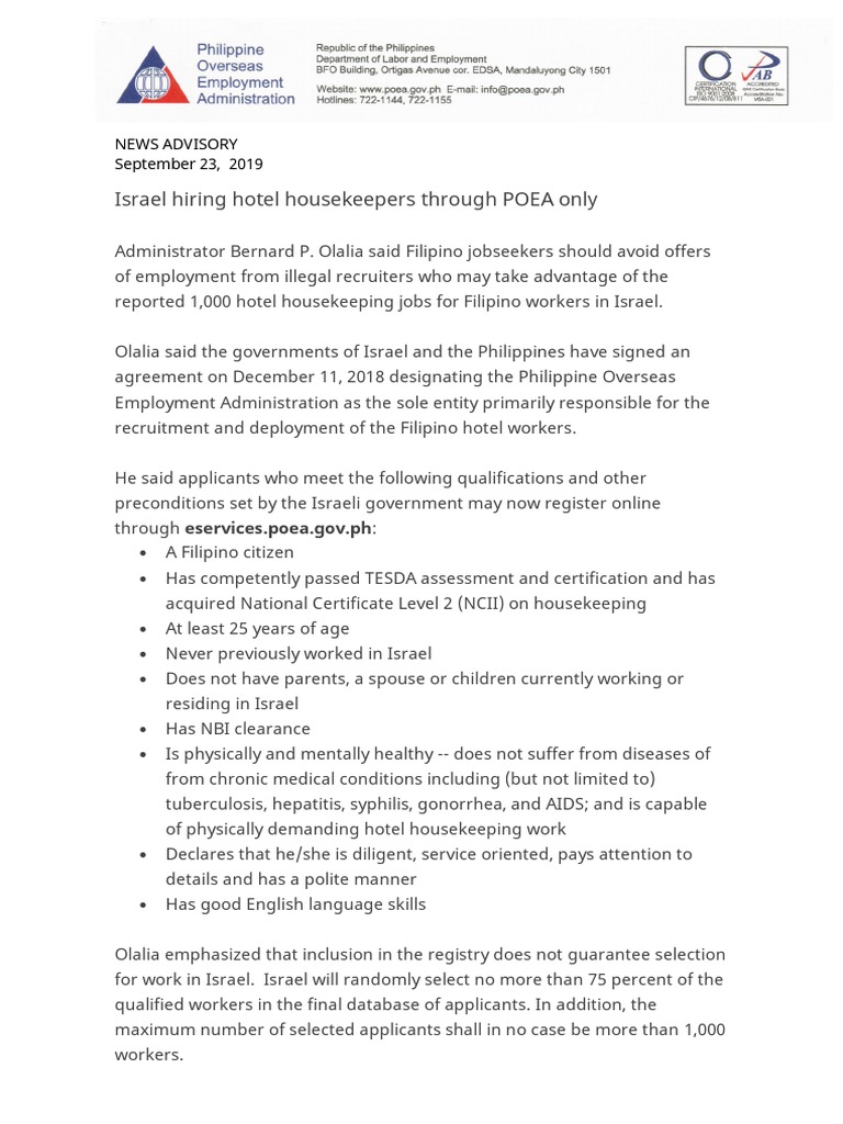 Israel Hiring Hotel Housekeepers Through POEA Only: News Advisory September 23, 2019 | PDF