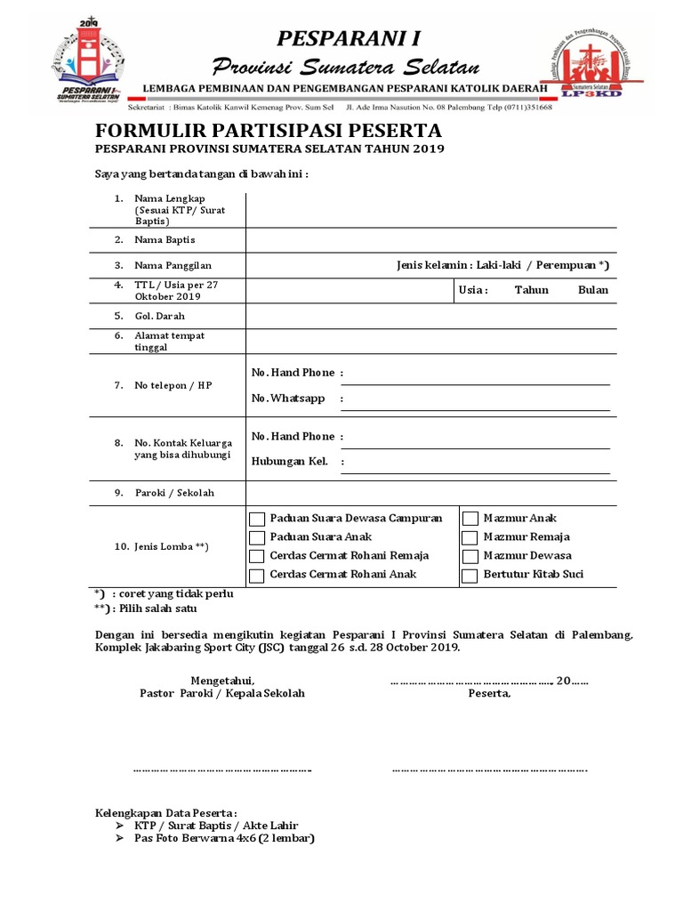 Formulir Peserta Pesparani 2019 | PDF | Kesehatan Holistik