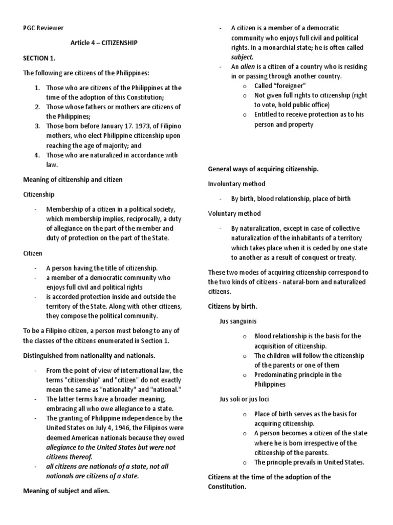 Philippine Constitution Article 4 and 5 Summary | PDF | Naturalization ...