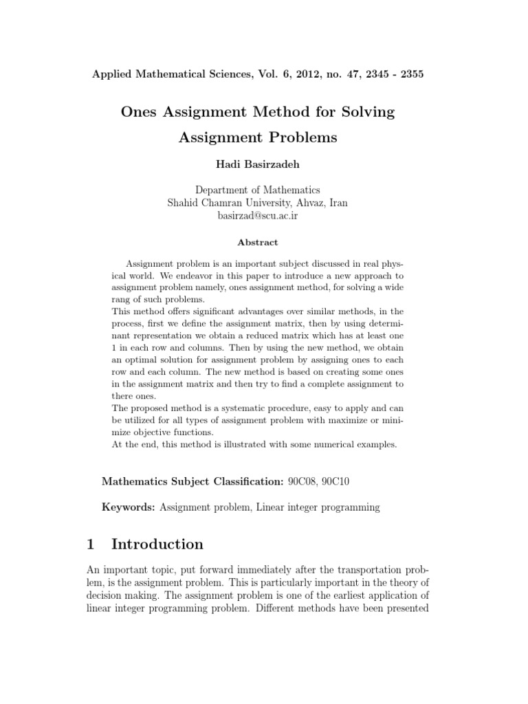 Ones Assignment Method For Solving Assignment Problems: Applied ...