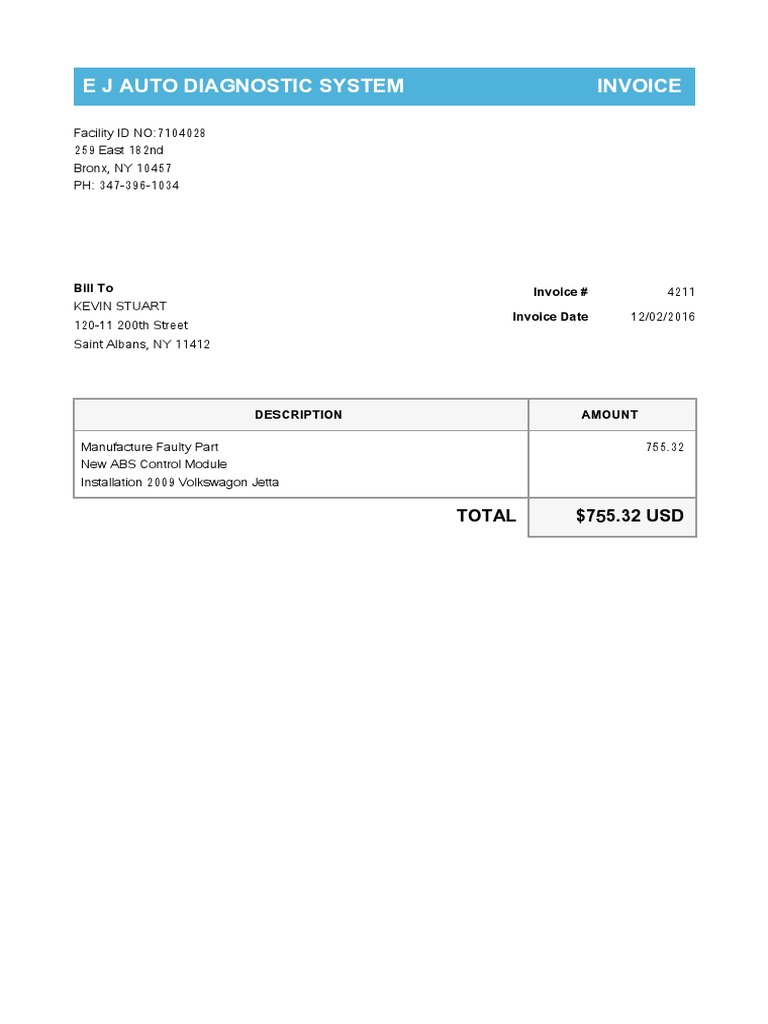 E J Auto Diagnostic Invoice for VW Jetta ABS Module | PDF