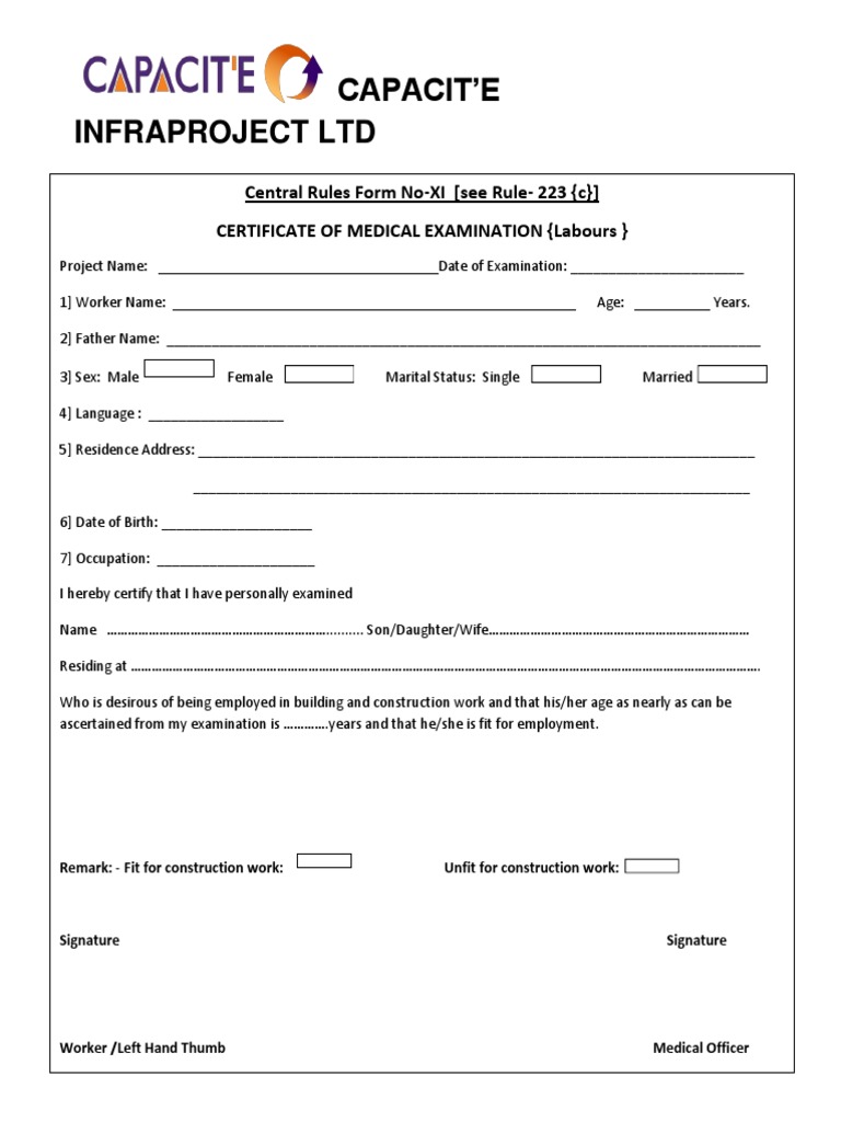Medical Examination Certificate Form XI | PDF