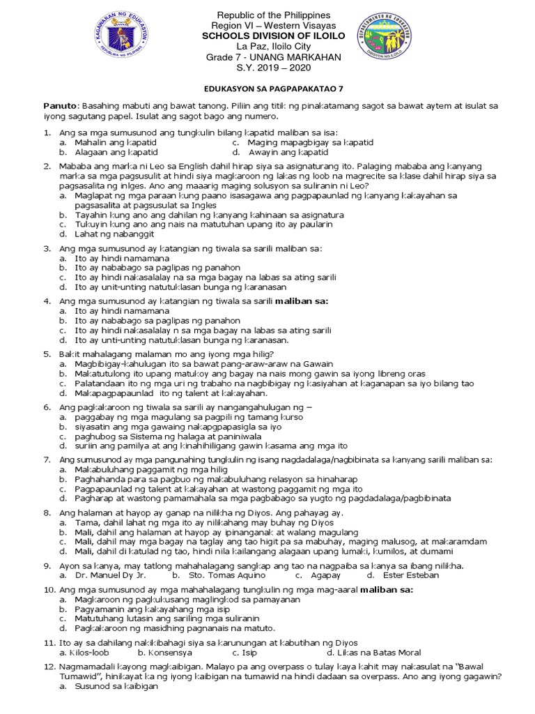 1st Quarter Exam in ESP 7 | PDF