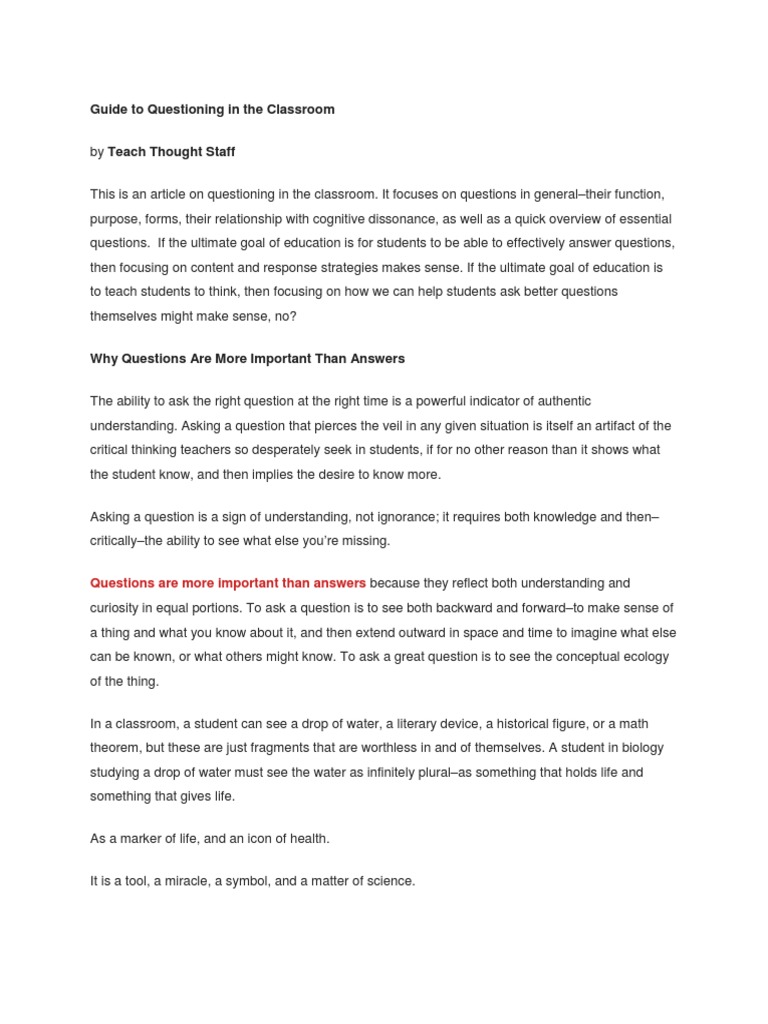 Guide To Questioning in The Classroom: Questions Are More Important ...
