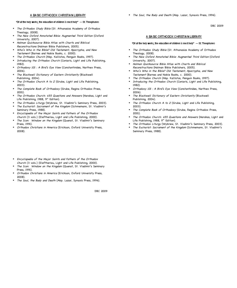 Basic Orthodox Christian Library | PDF | Eastern Orthodox Church | Bible