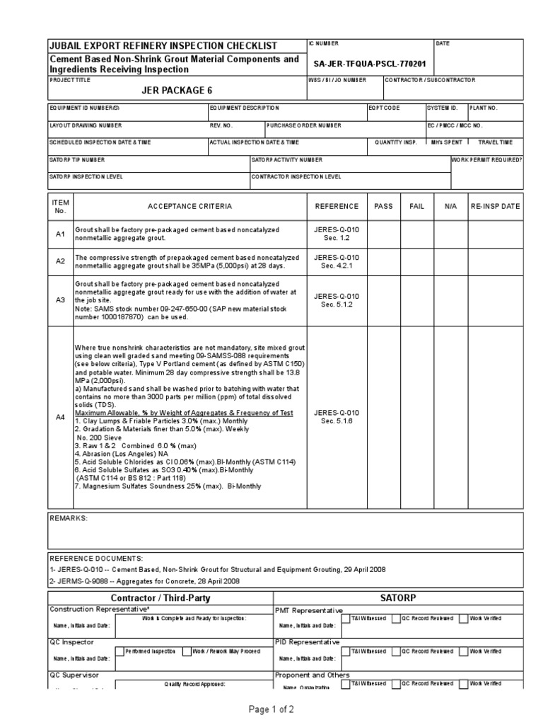 Jubail Export Refinery Inspection Checklist Cement Based Non-Shrink ...