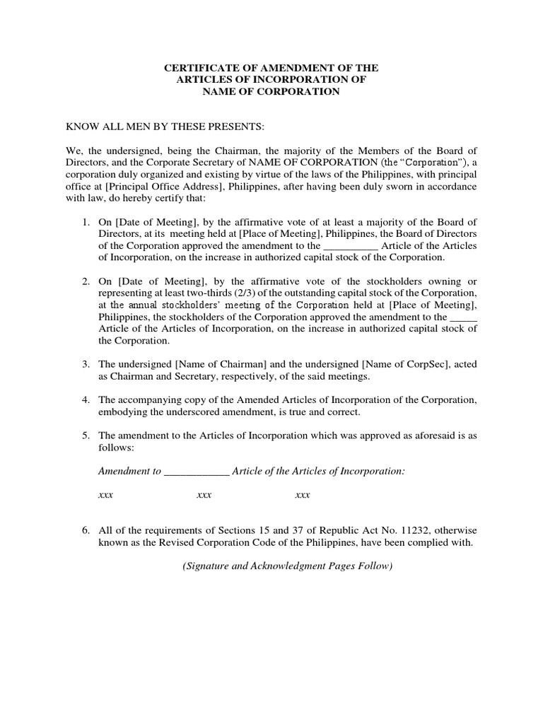 Certificate of Amendment of Incorporation | PDF | Board Of Directors ...