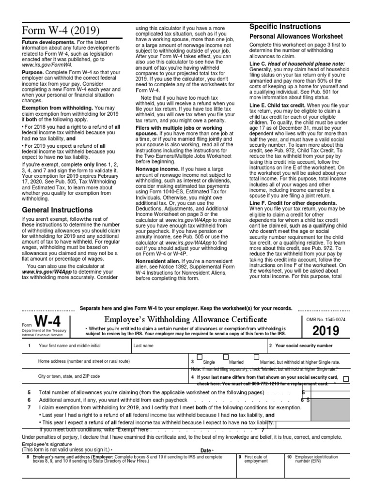 Form W-4 (2019) : Specific Instructions | PDF | Withholding Tax | Tax ...