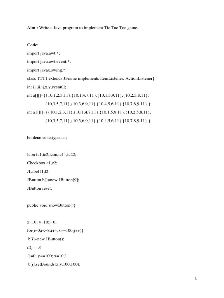 Aim Write A Java Program To Implement Tic Tac Toe Game Download Free Pdf Notation