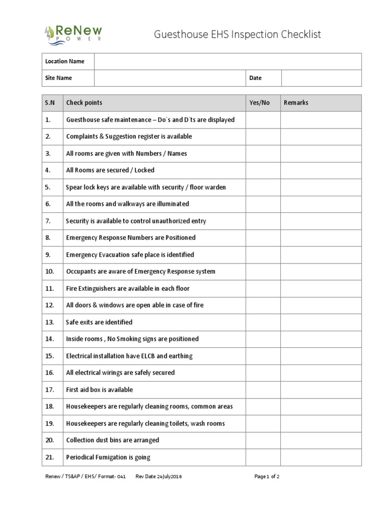 Guesthouse EHS Inspection Checklist | PDF