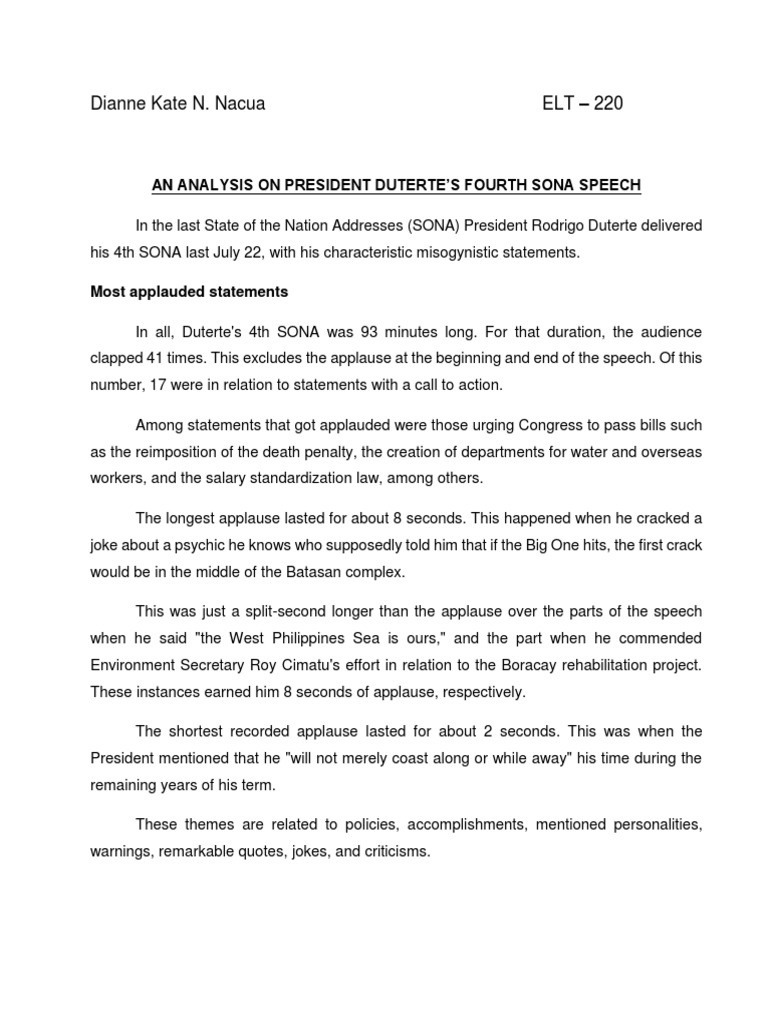 Dianne Kate N. Nacua ELT - 220: AN Analysis On President Duterte'S Fourth Sona Speech | PDF ...
