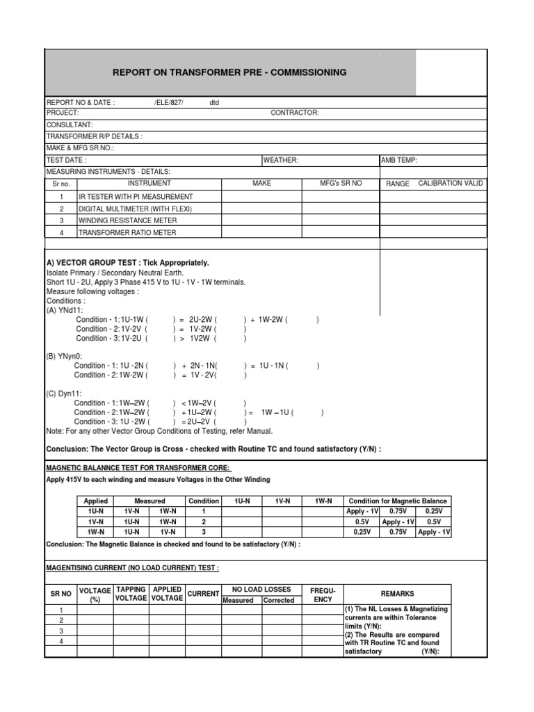 Report On Transformer Pre - Commissioning: A) VECTOR GROUP TEST: Tick ...