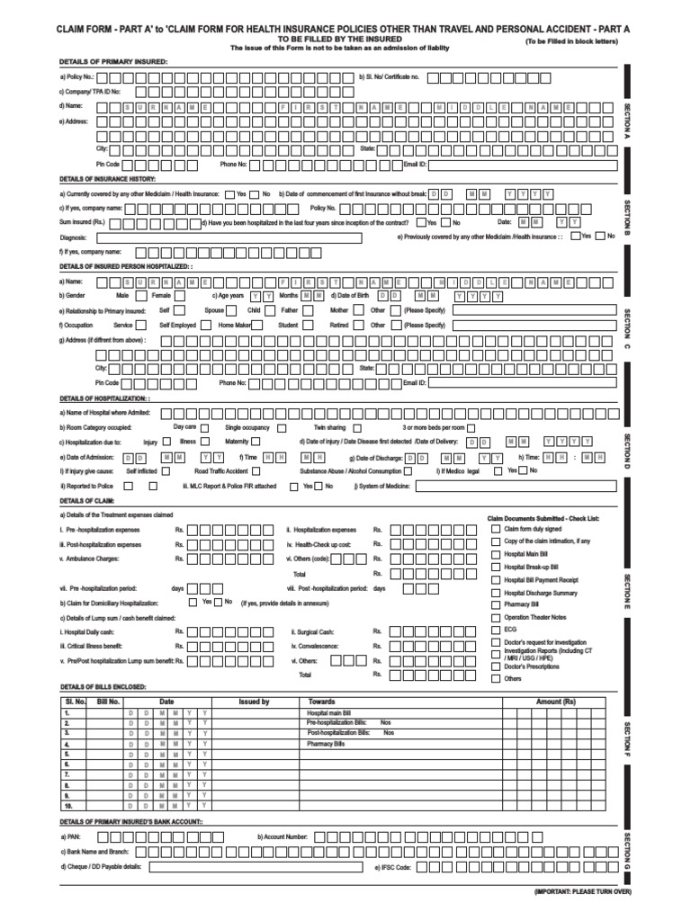 Health Insurance Claim Form - Part A | PDF | Insurance | Banks