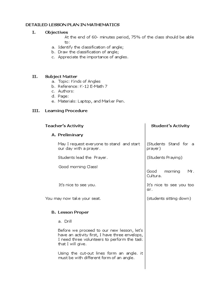 Detailed Lesson Plan in Mathematics Kinds of Angles | Download Free PDF ...