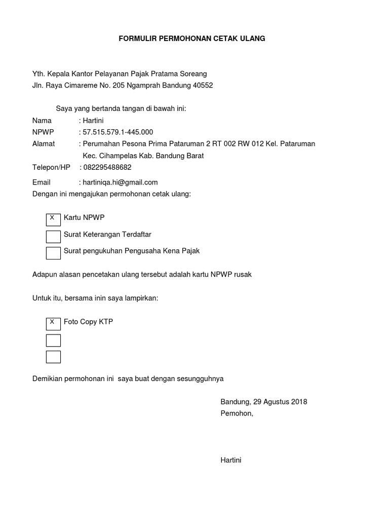 09 Formulir Permohonan Cetak Ulang NPWP SKT Surat Pengukuhan PKP | PDF
