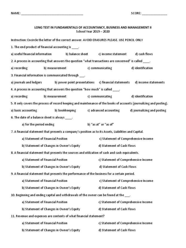 Accountancy Fundamentals Test 2019-2020 | PDF | Balance Sheet | Expense
