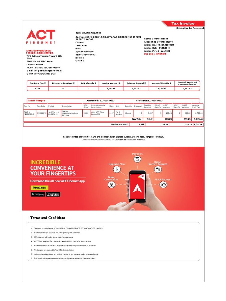 ACT Invoice - Manikandan | PDF | Invoice | Cheque