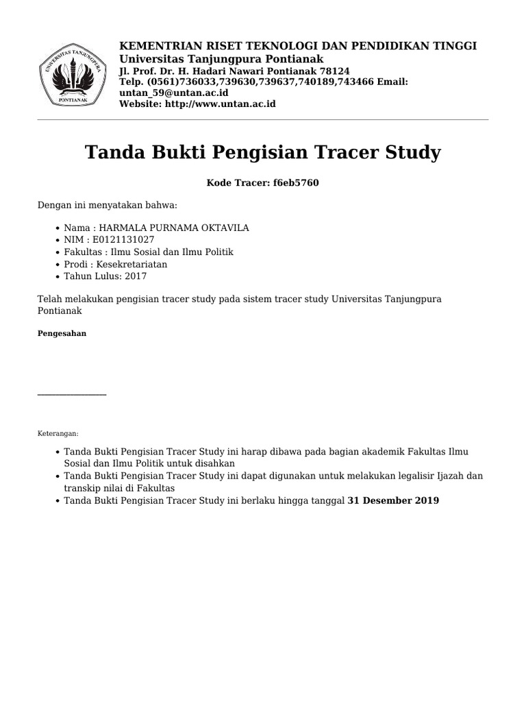 Tanda Bukti Pengisian Tracer Study: Kementrian Riset Teknologi Dan ...