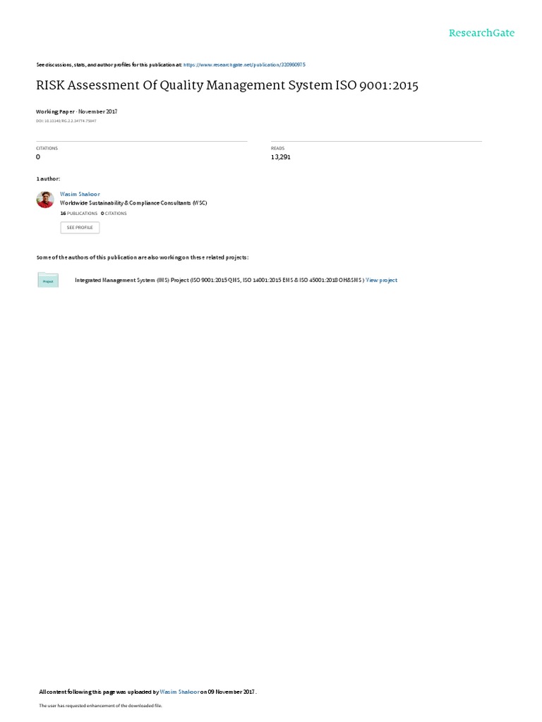QMS ISO 9001 2015 Risk Assessment | PDF | Risk | Risk Management