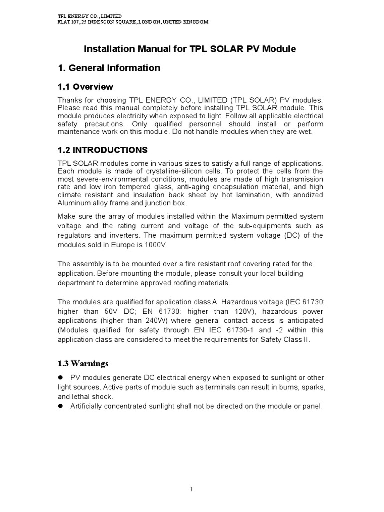 Installation Manual For PV Panel | Download Free PDF | Photovoltaic ...