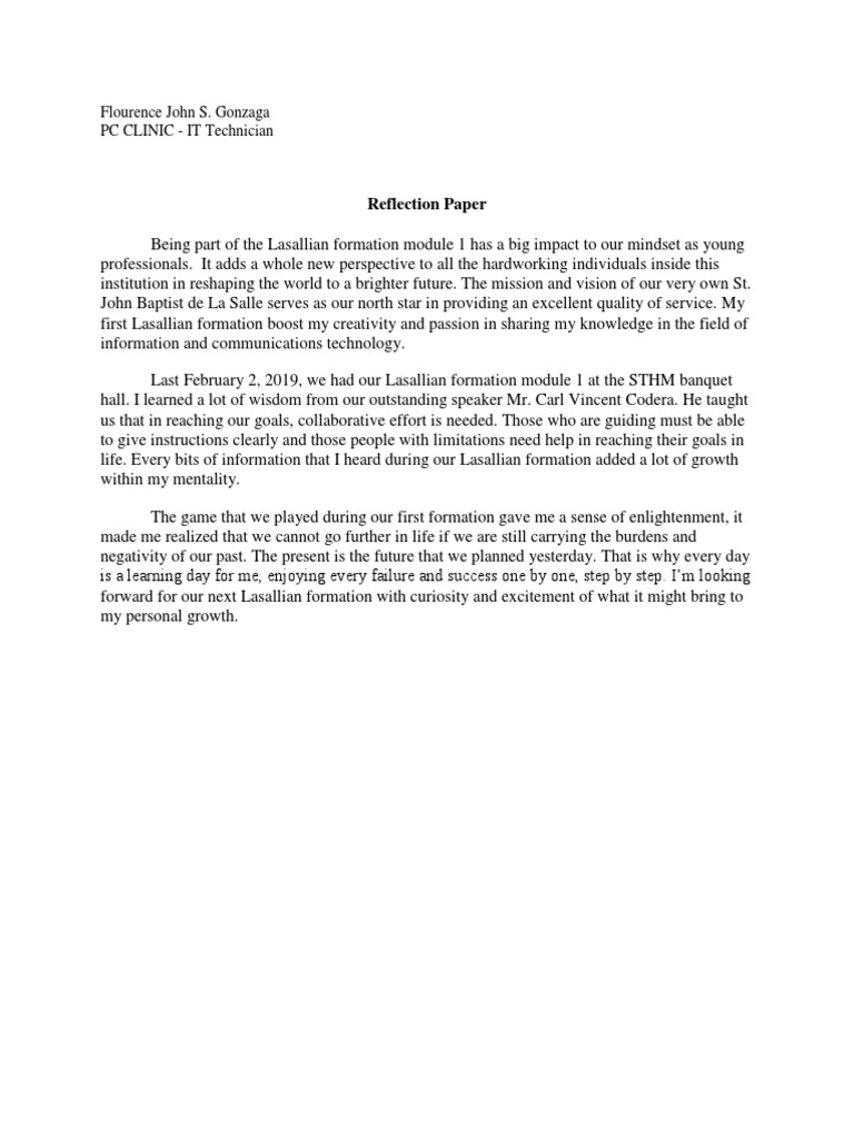Reflection Paper: Flourence John S. Gonzaga PC CLINIC - IT Technician ...