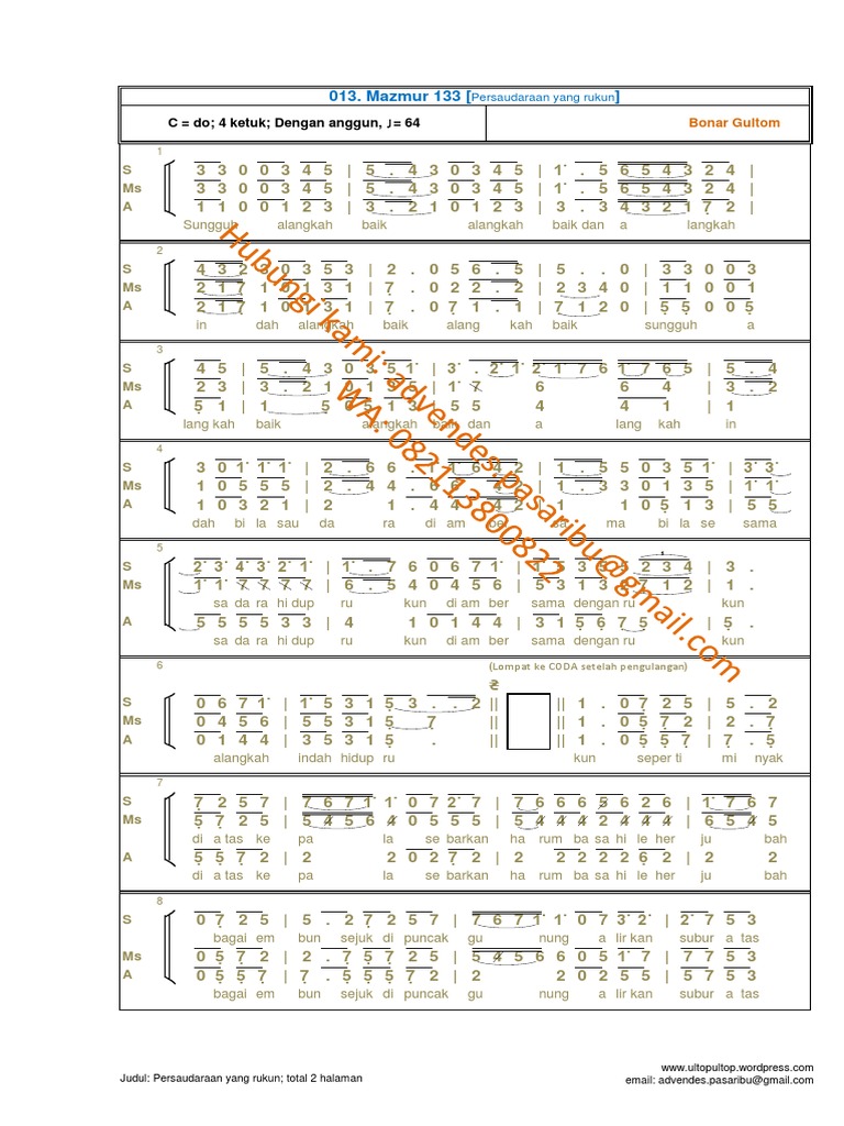 Mazmur 133 Persaudaraan Yang Rukun - SSA PDF | PDF