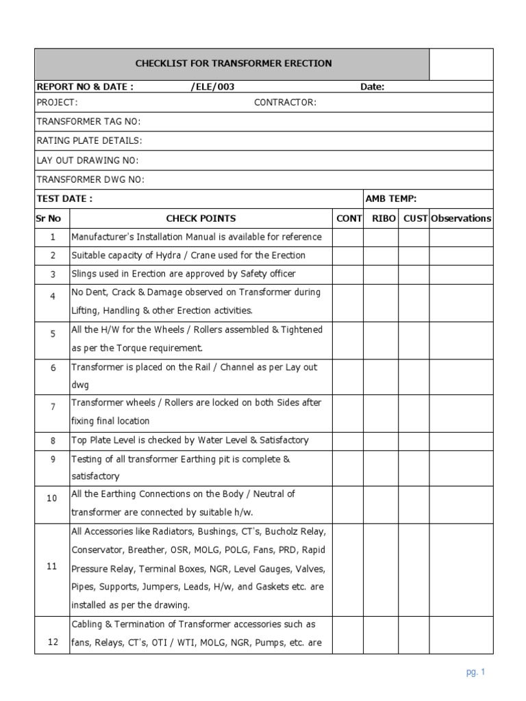Transformer Erection Checklist | PDF | Valve | Transformer