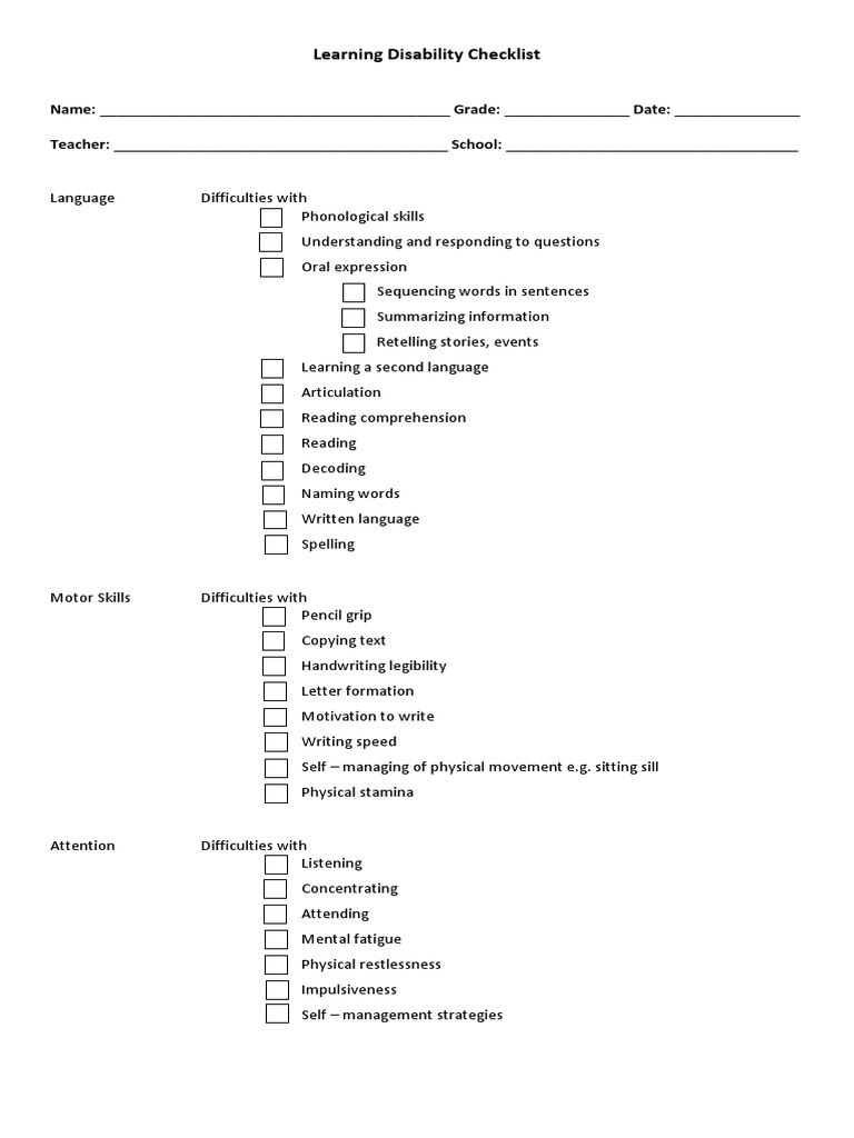 Learning Disability Checklist | Download Free PDF | Learning Disability ...