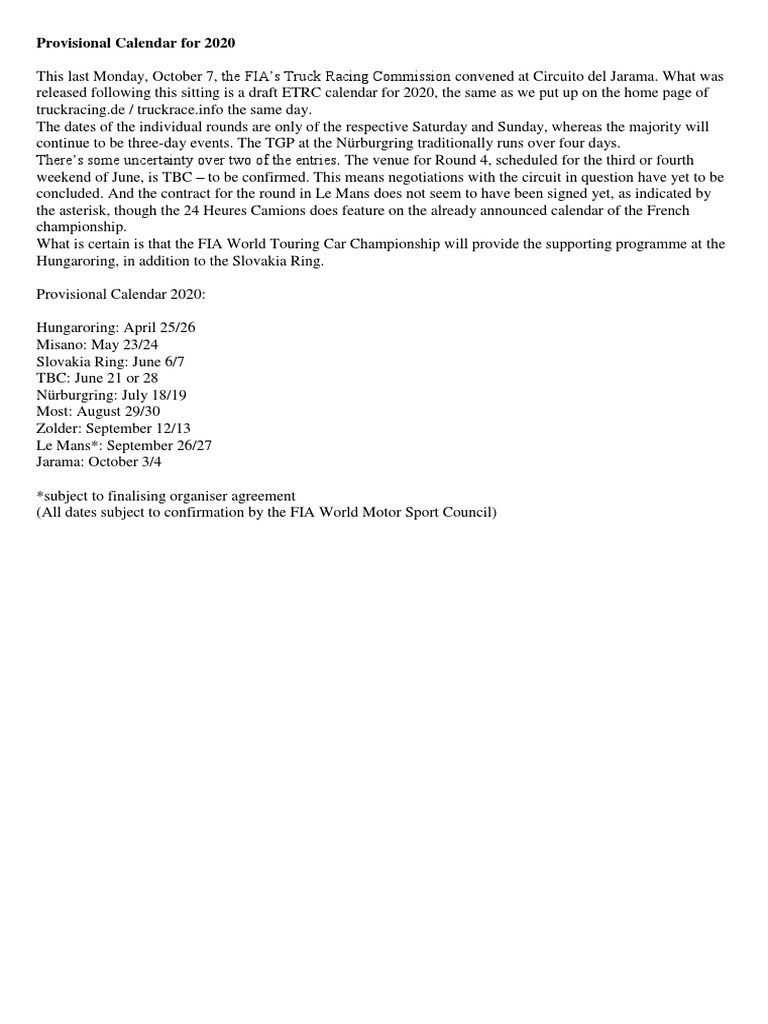 Provisional Calendar For 2020 | PDF