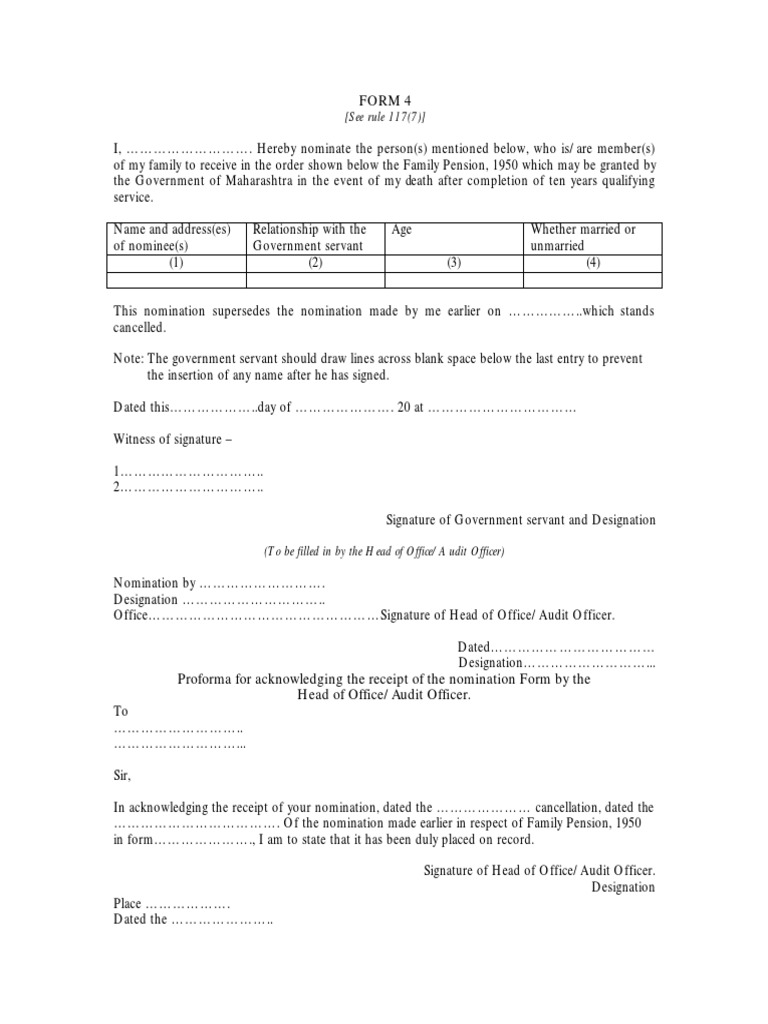 Nomination Form for Family Pension Benefits Designating Eligible Family ...
