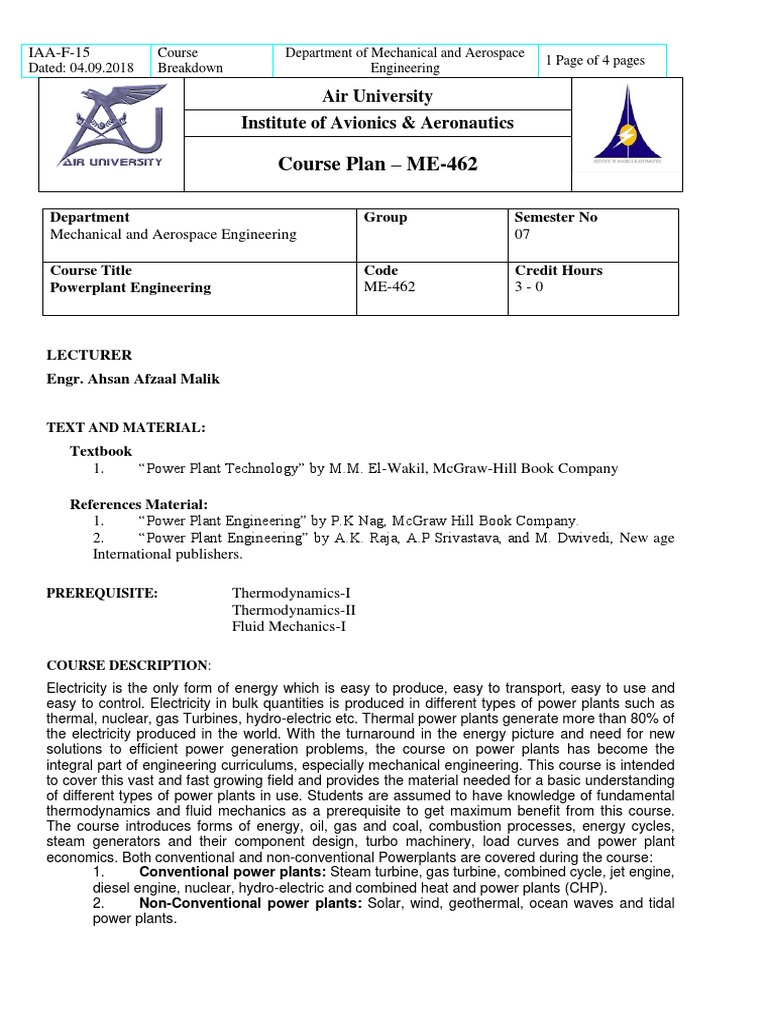 Course Plan - ME-462: Air University Institute of Avionics ...