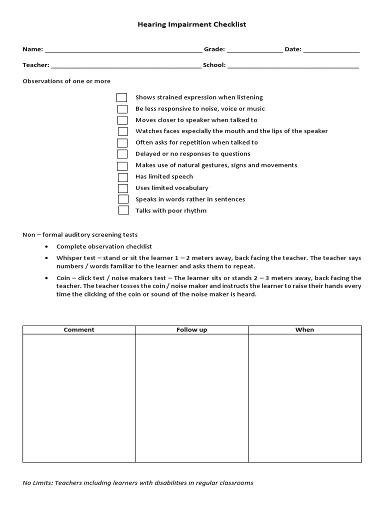 Hearing Impairment Observation Checklist | PDF