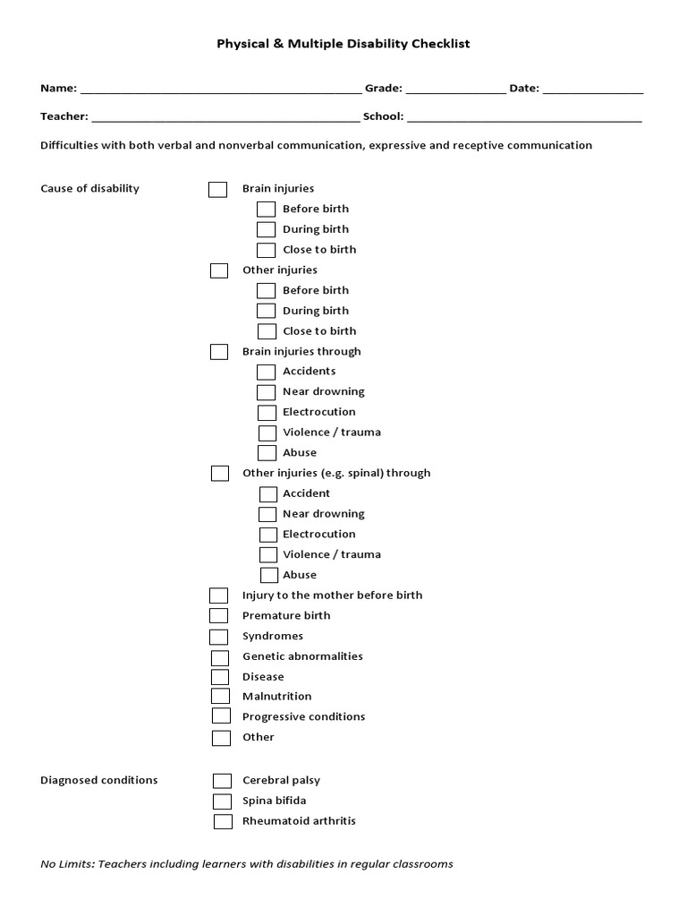 Physical & Multiple Disability Checklist | PDF | Disability | Cerebral ...