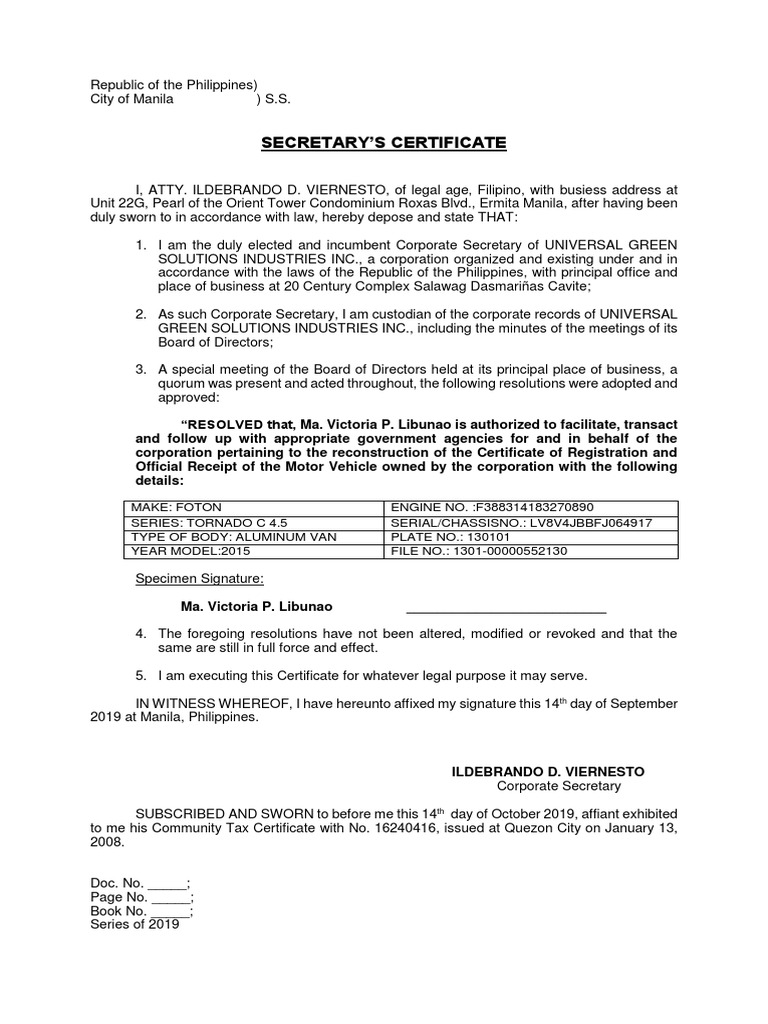 Secretary's Cert - Sample | PDF | Manila | Government Information