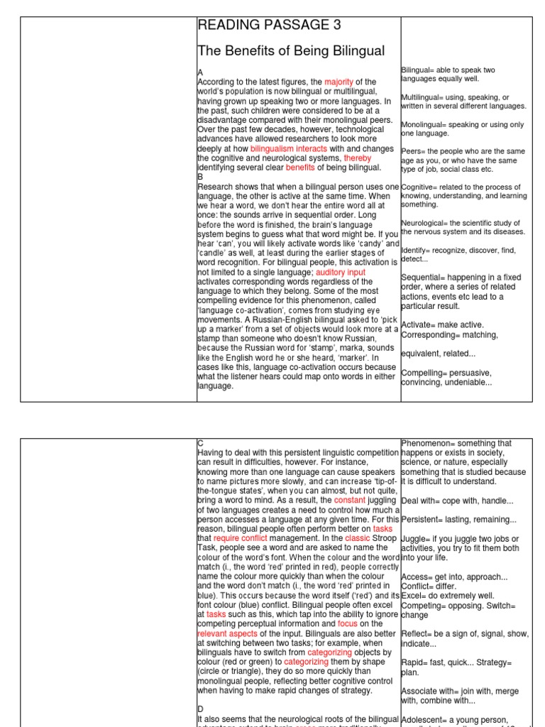 Reading Passage 3 The Benefits of Being Bilingual: Majority | PDF ...