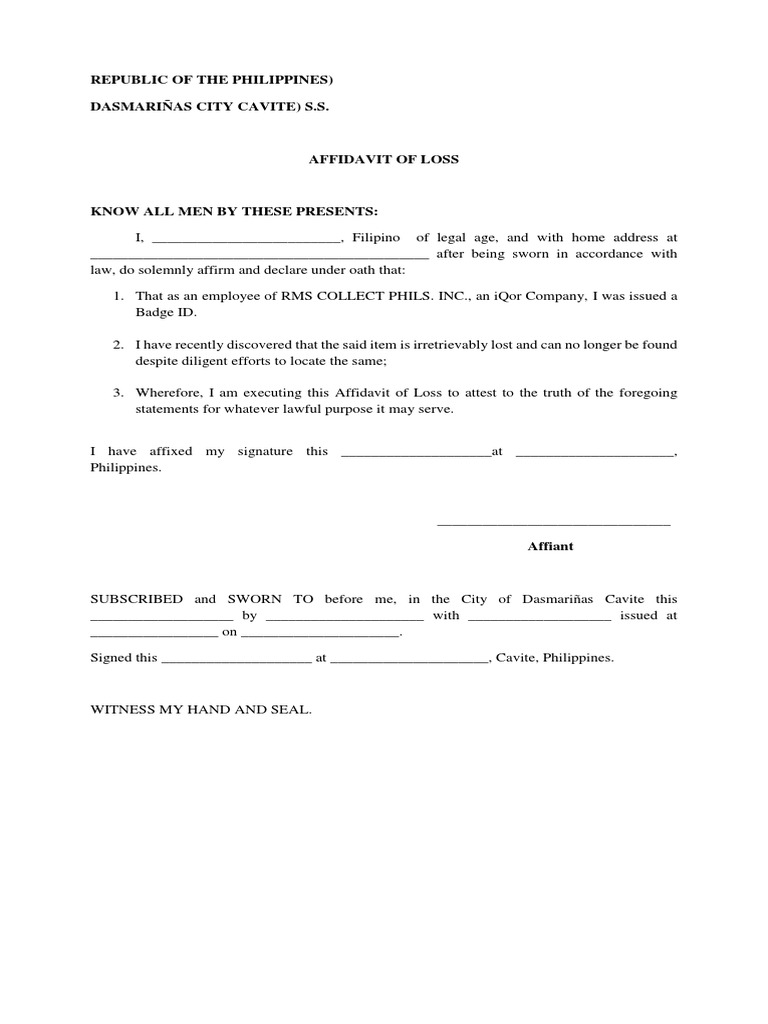 Affidavit of Loss - Badge Id | PDF