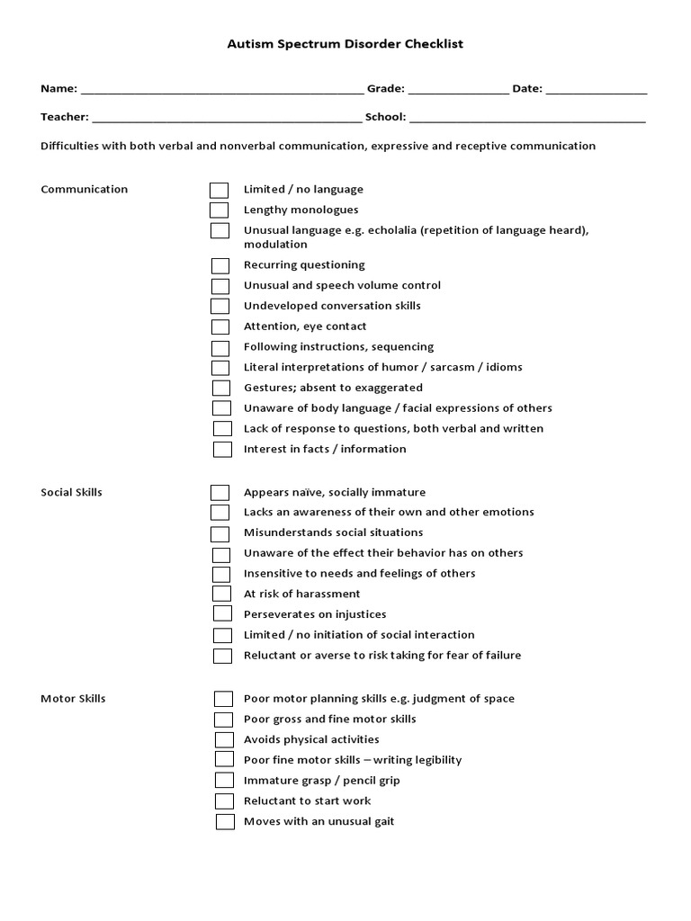Autism Spectrum Disorder Checklist | PDF | Autism Spectrum | Psychology
