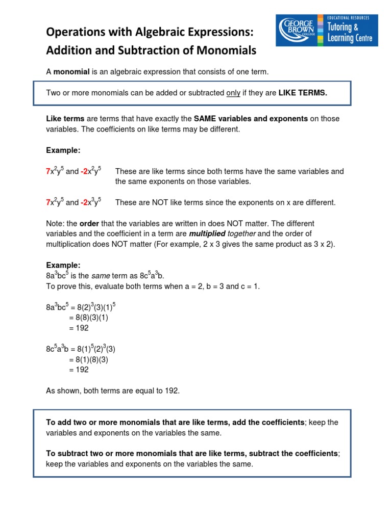 Adding and Subtracting Monomials | PDF | Multiplication | Exponentiation