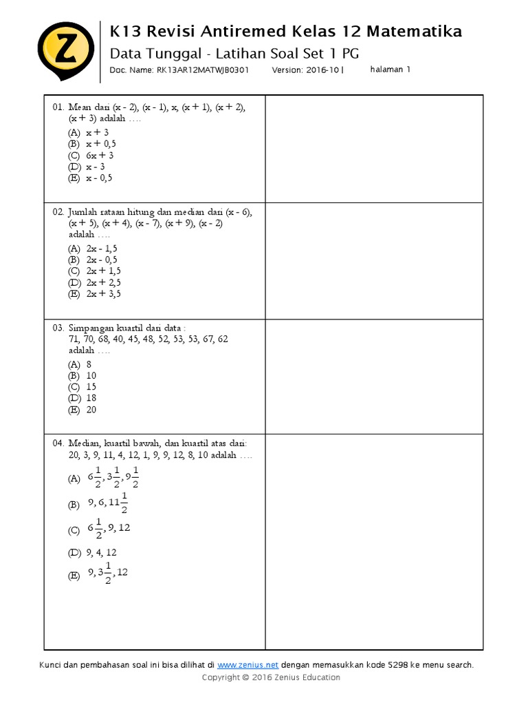 Data Tunggal Latihan Soal Set 1 - PG PDF | PDF | Metode & Bahan Ajar