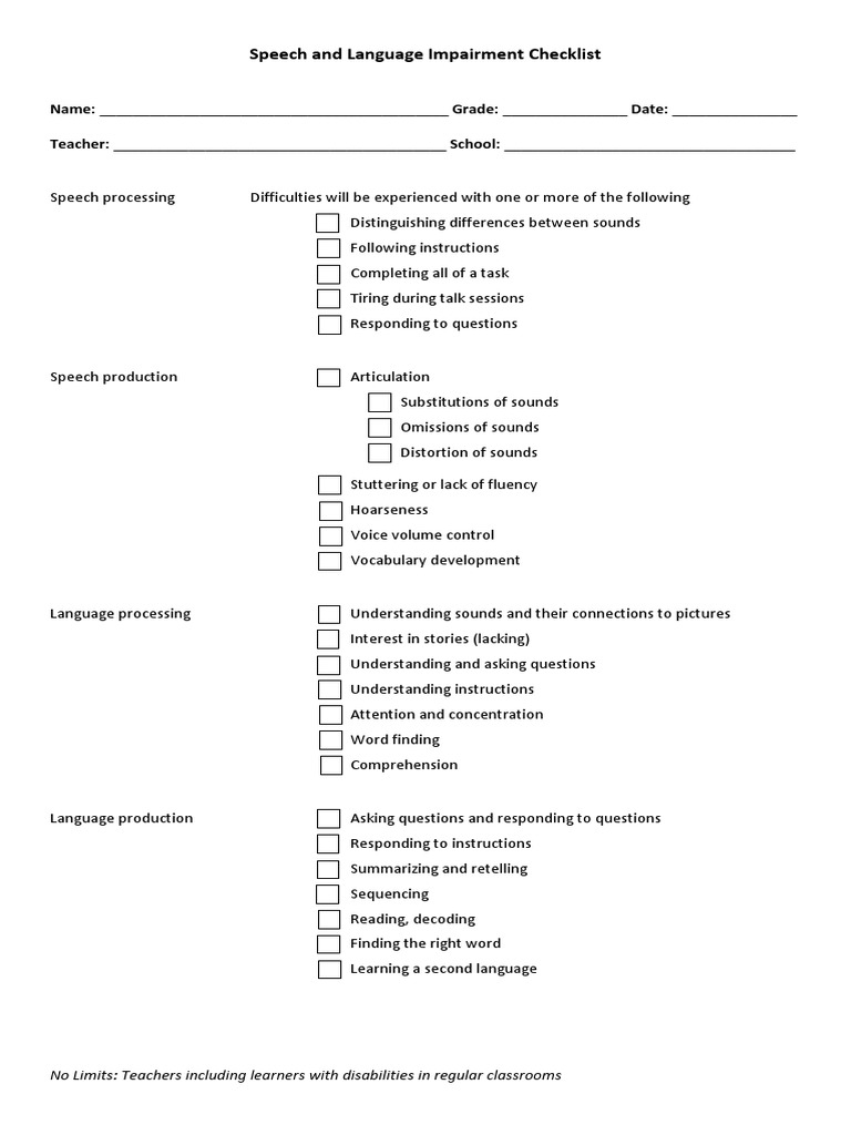 Speech and Language Impairment Checklist | Download Free PDF | Speech ...