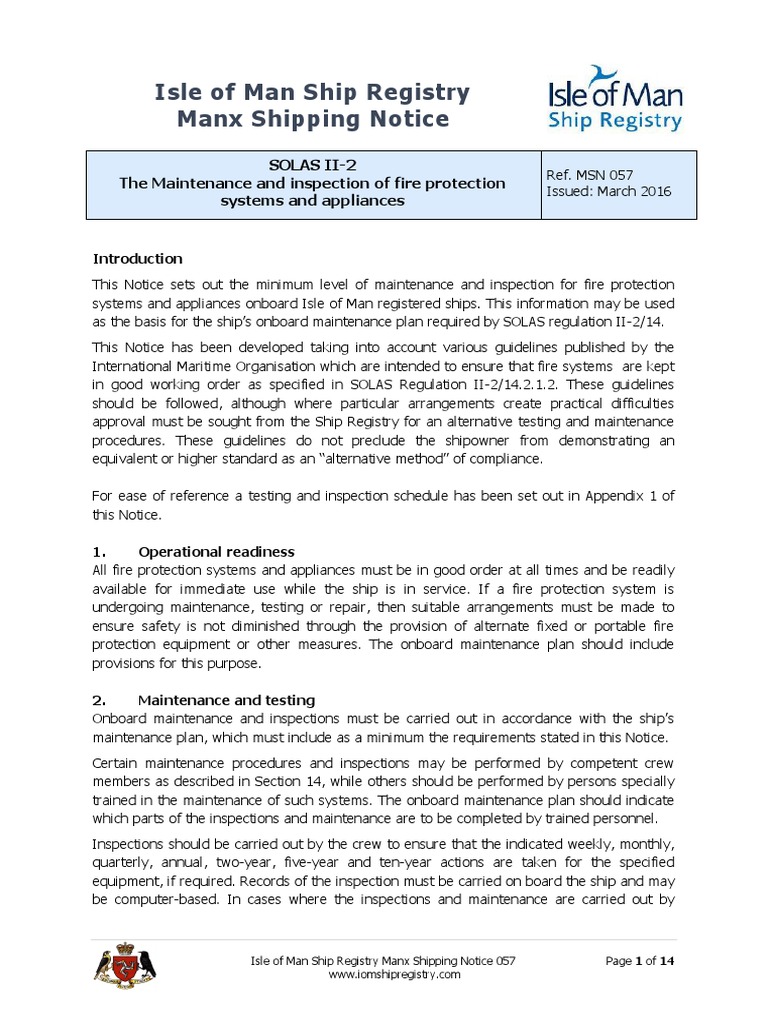 MSN 057 Solas II 2 Maintenance and Inspection of Fire Protection Systems and Appliances | PDF ...