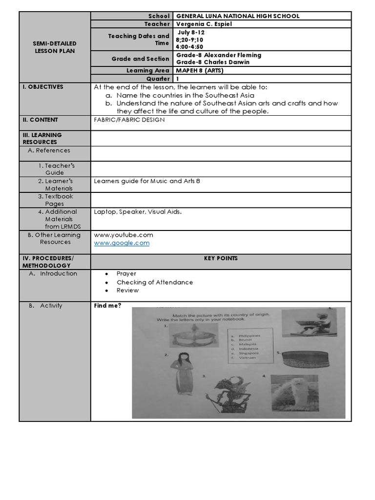 Lesson Plan Mapeh 8 ARTS 5 | PDF | Lesson Plan | Teachers