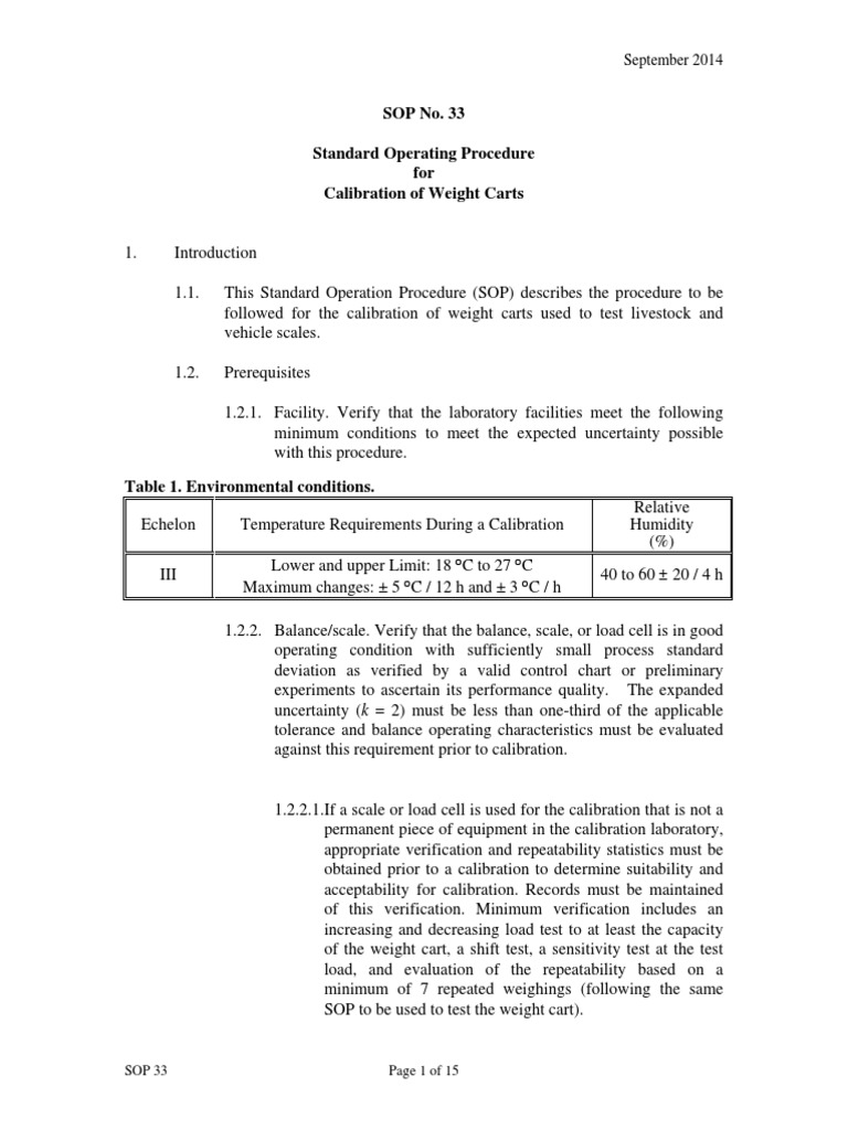 SOP No. 33 Standard Operating Procedure For Calibration of Weight Carts ...