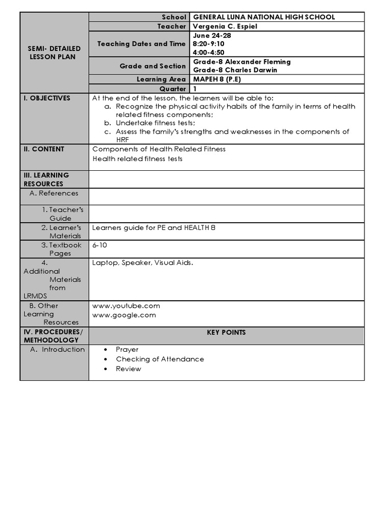 Lesson Plan Mapeh 8 PE 3 | PDF | Physical Fitness | Lesson Plan
