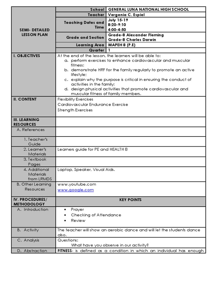 Grade 8 MAPEH PE Lesson Plan | PDF | Strength Training | Lesson Plan