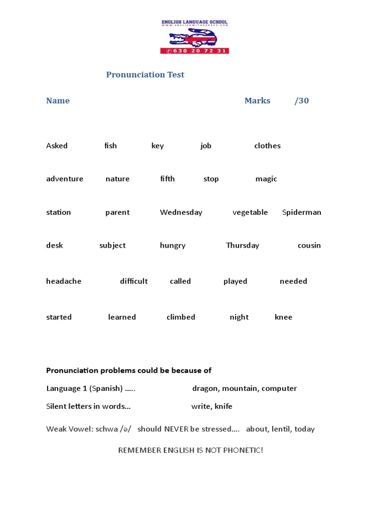 Pronunciation Test Kids 1 | PDF