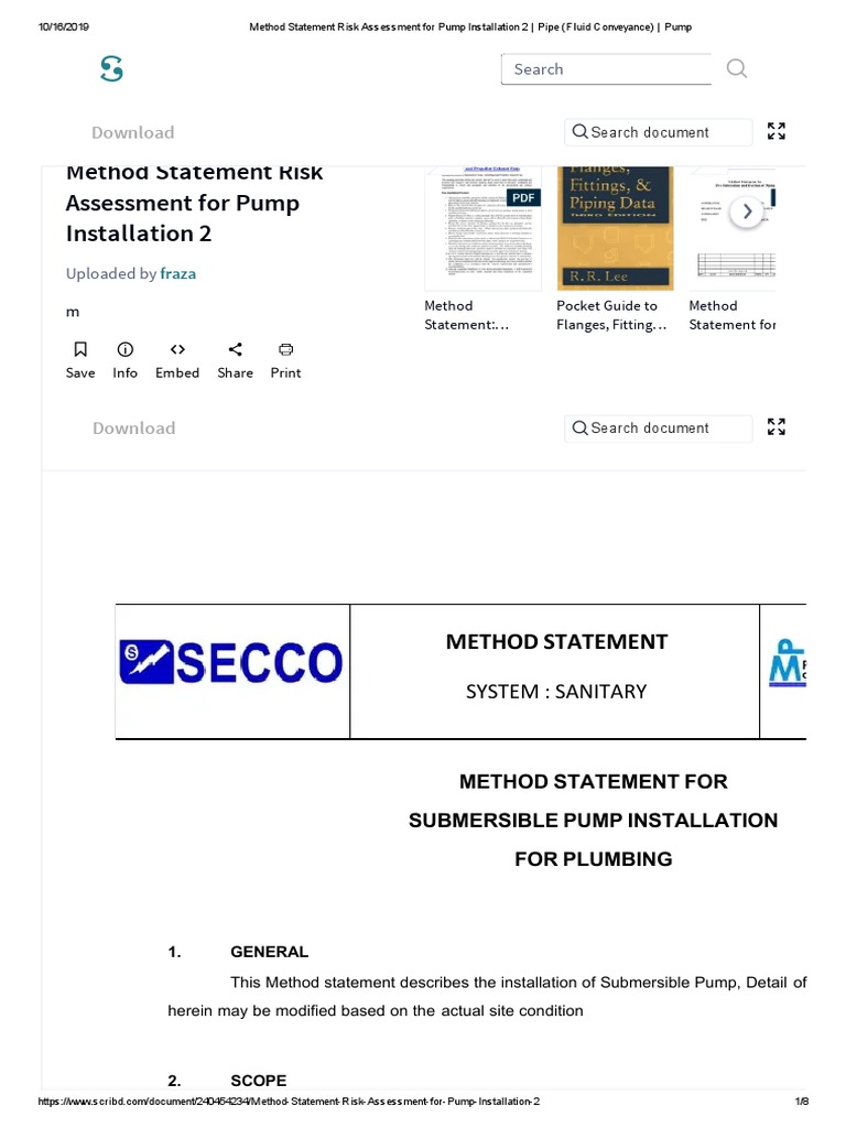 Method Statement Risk Assessment For Pump Installation 2 - Pipe (Fluid Conveyance) - Pump | PDF
